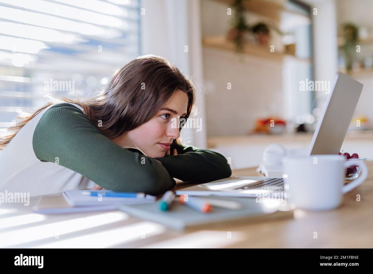 Portrait of bored woman with laptop, homeoffice concept Stock Photo - Alamy