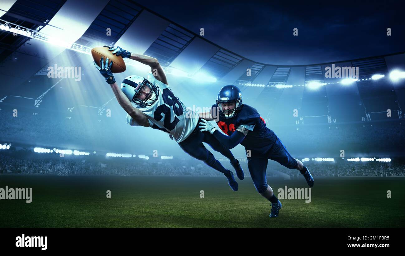 Opponents. Two active american football players in motions, playing ...
