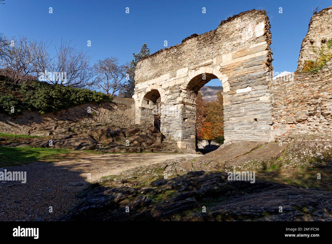 Roman aqueduct and the Altar of the Celts with cupels and carvings, a ...