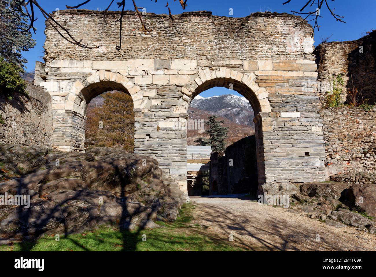 Roman aqueduct and the Altar of the Celts with cupels and carvings, a ...