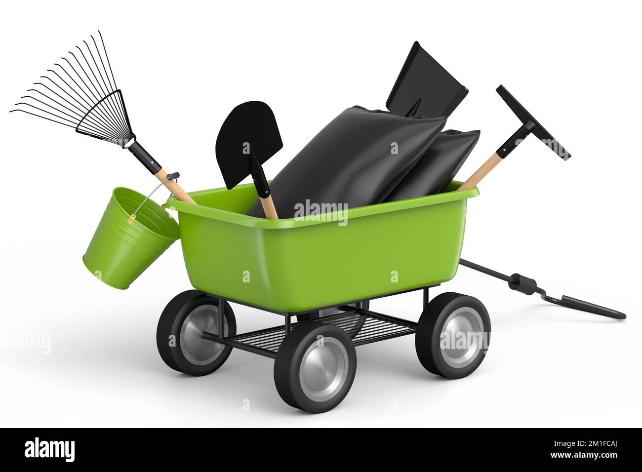 Garden wheelbarrow with garden tools like shovel, watering can and fork ...