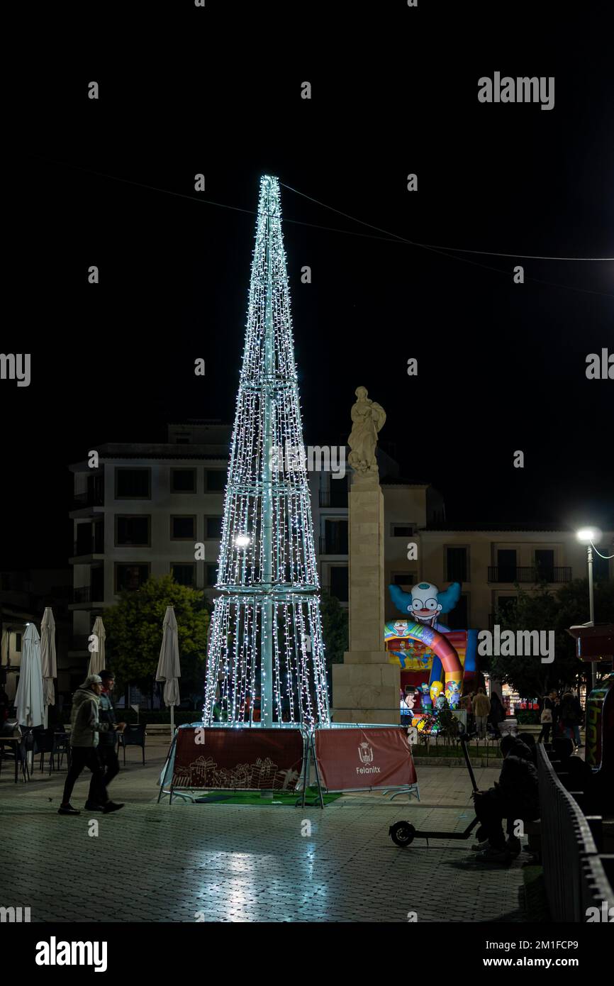 Felanitx, Spain; december 10 2022: Christmas tree illuminated at night ...