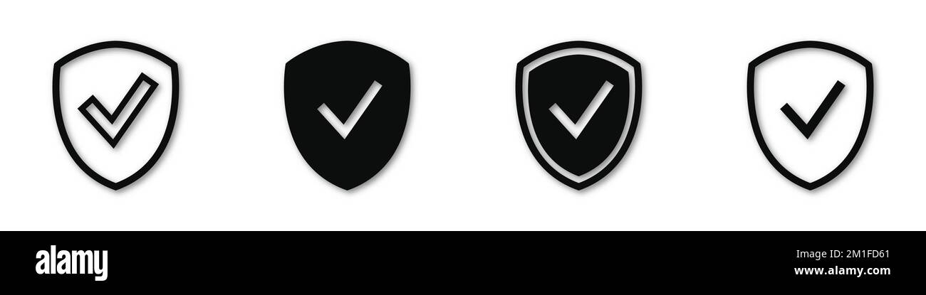 Shield check mark icon set. Protection approve sign. Safe icon. Tick ...