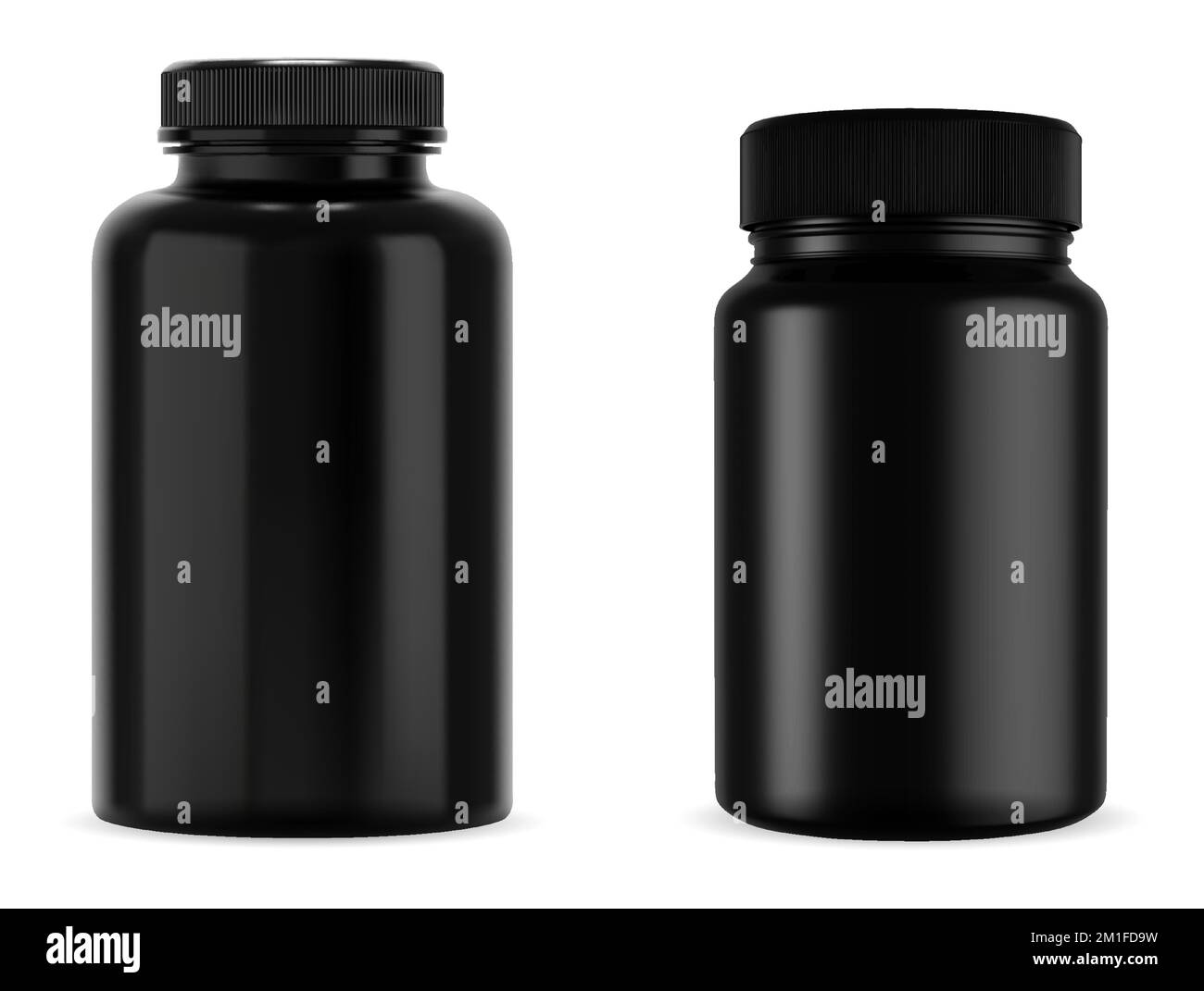 Black pill bottle with plastic cap. Glossy, isolated 3D vector mockup ...