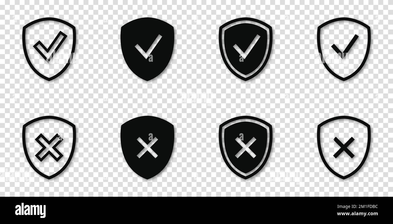Shield check mark icon set. Protection approve sign. Safe icon. Tick and cross icons. Vector ...