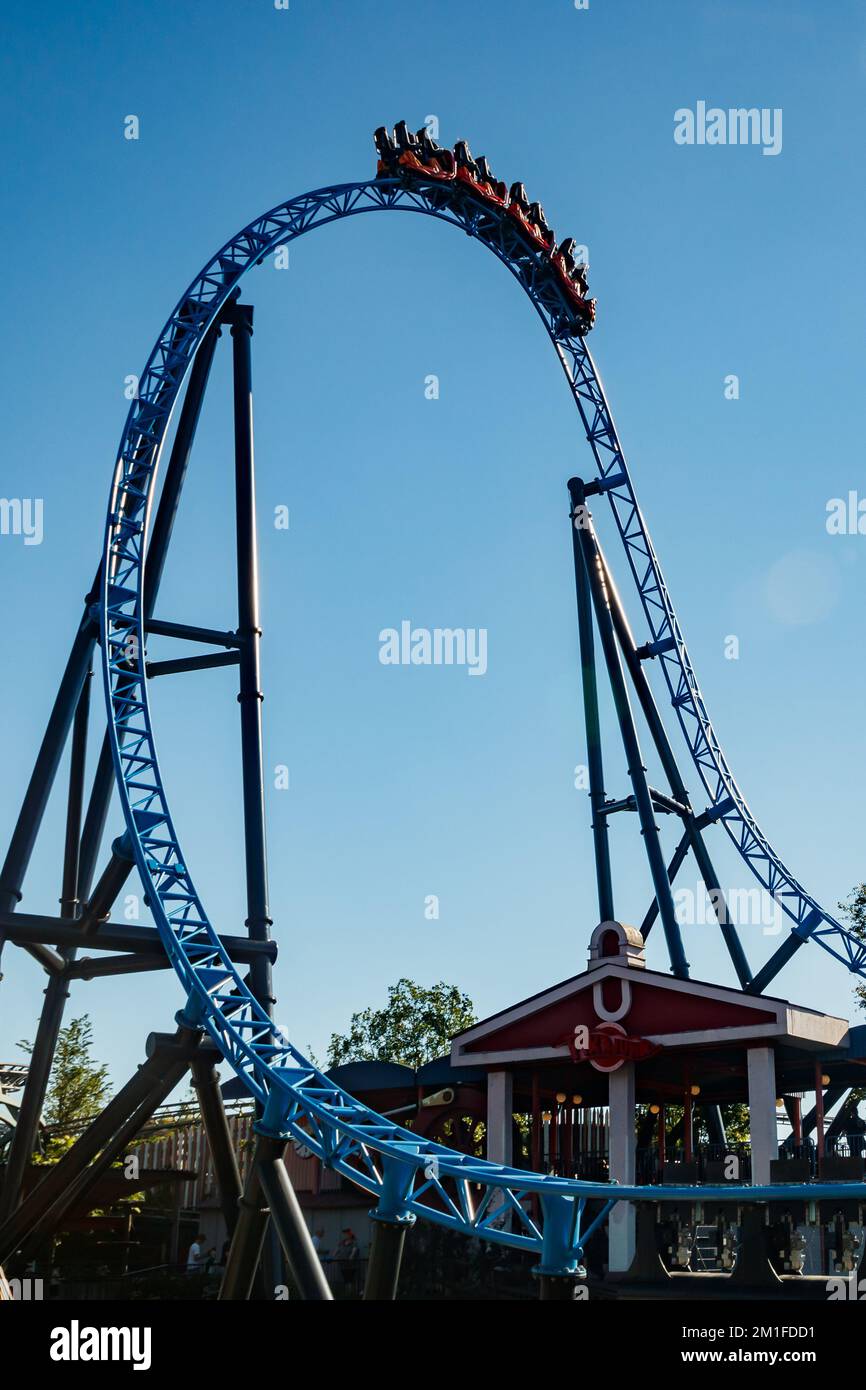 Helsinki, Finland - 24 June 2022: Ride roller coaster Taiga in blurred ...