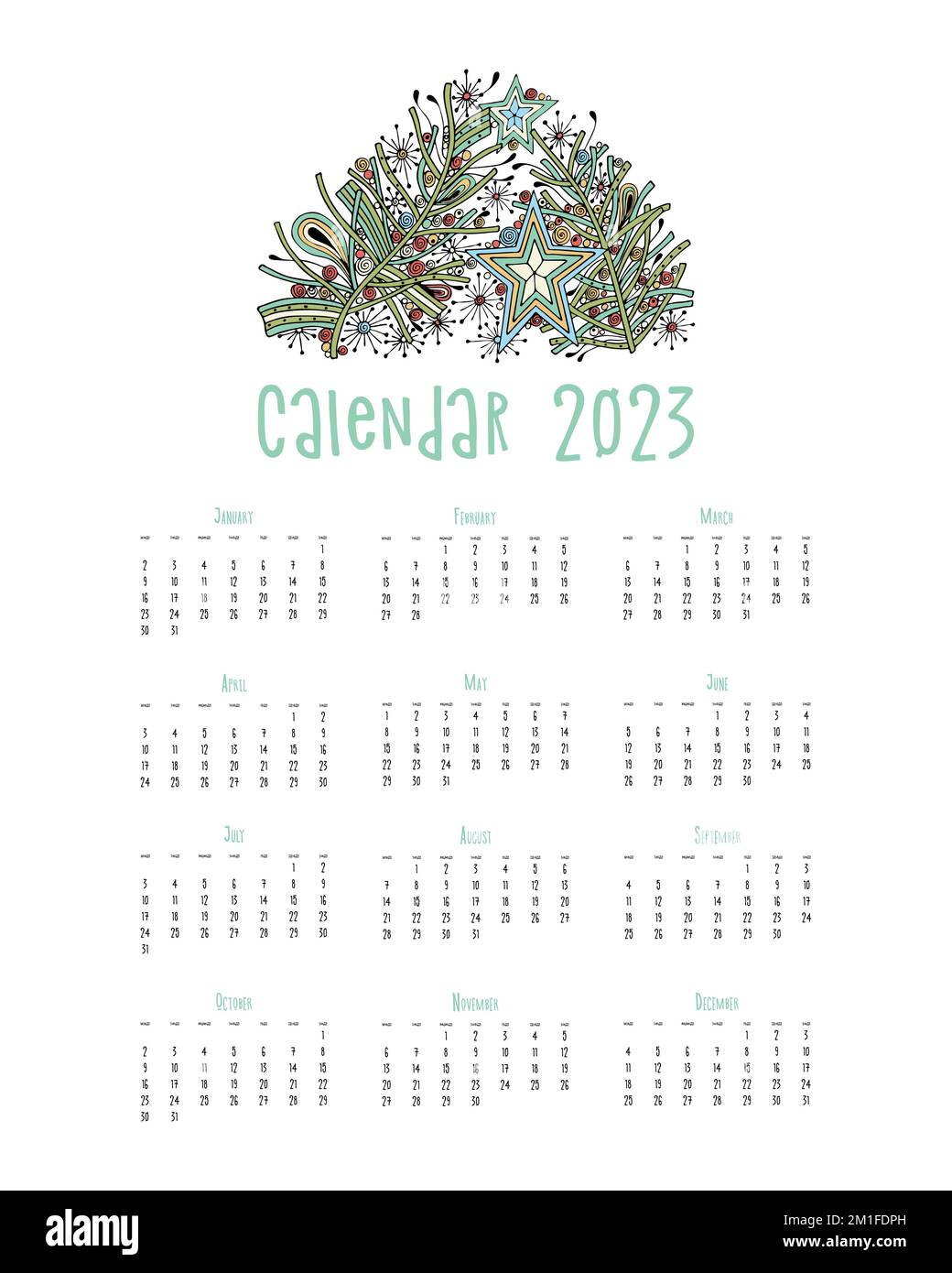 Calendar 2023 vertical poster, doodle stylized stars decoration and ...