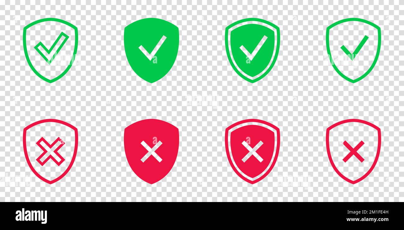 Shield check mark icon set. Protection approve sign. Safe icon. Tick and cross icons. Vector ...