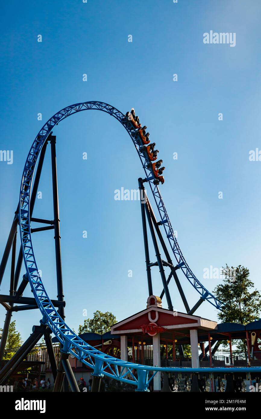 Helsinki, Finland - 24 June 2022: Ride roller coaster Taiga in blurred ...