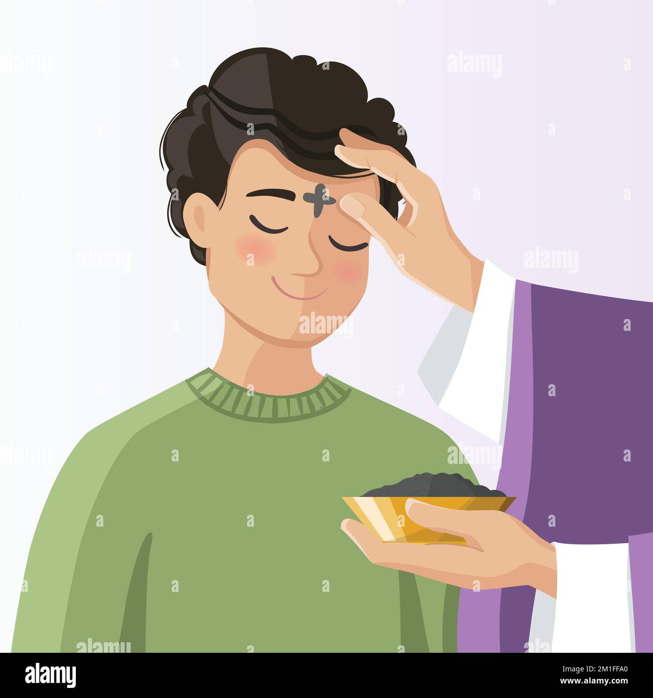 Young man receiving the ash from the priest on ash wednesday ...