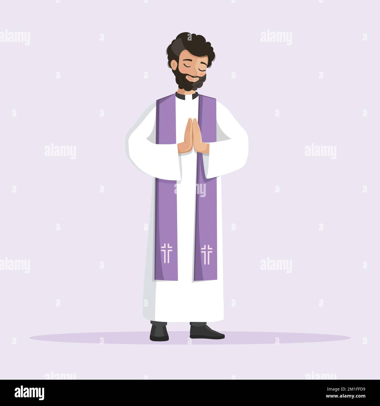 Young priest praying with hands together and dressed with alb and ...