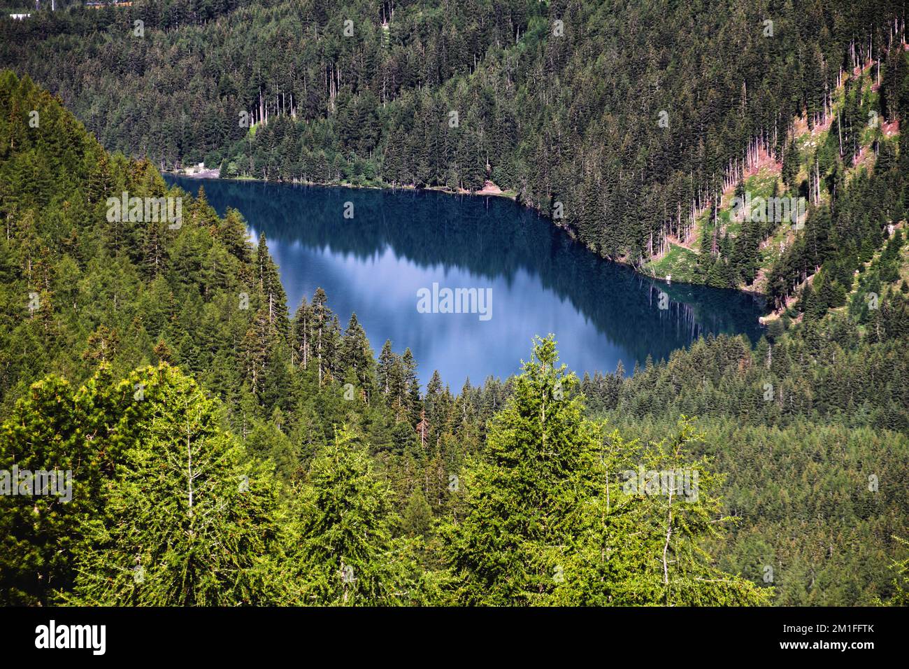 A bird's-eye view of a lake surrounded by forest mountains Stock Photo ...