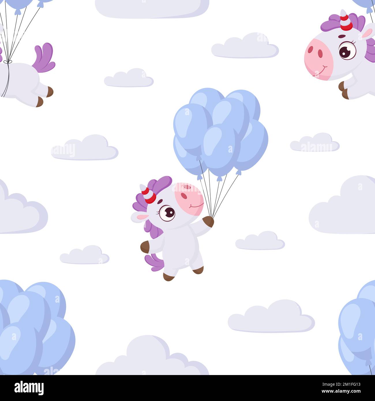 Cute magical unicorn flying on blue balloons seamless childish pattern ...