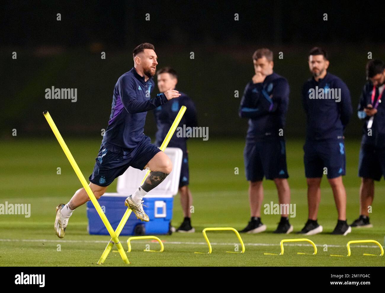 Argentina's Lionel Messi during a training session at Qatar University ...