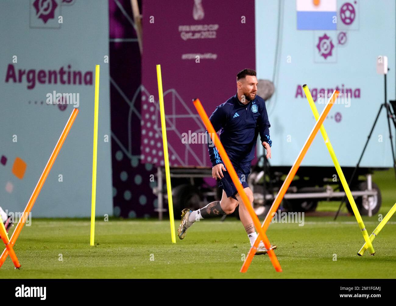 Argentina's Lionel Messi during a training session at Qatar University ...