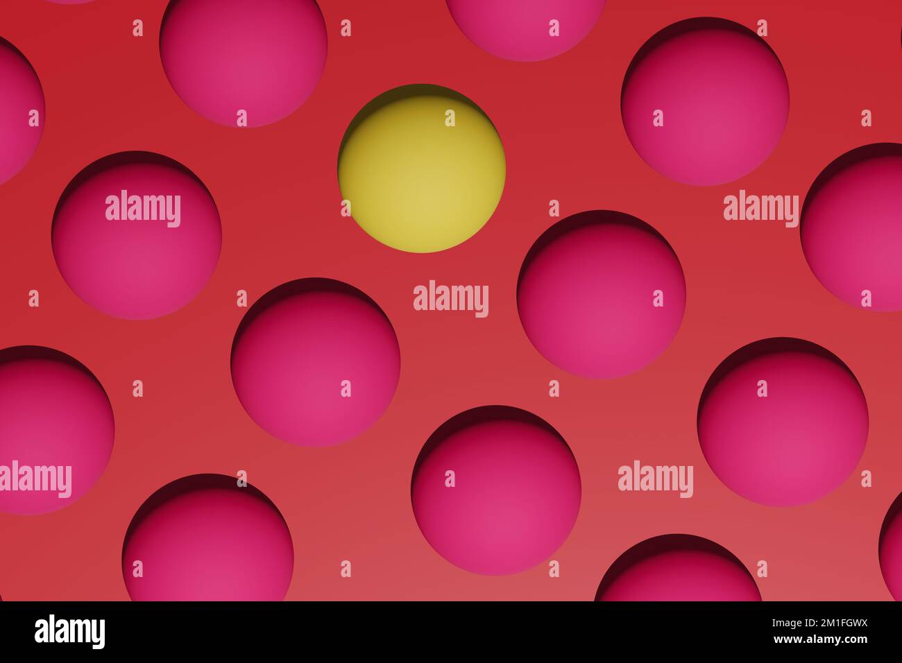 3d render.Pink balls with one in yellow isolated on red background ...