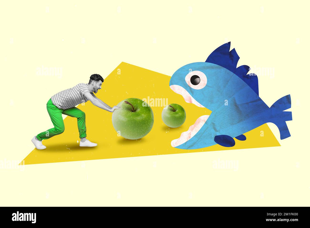 Photo collage cartoon comics sketch picture of guy feeding apple big ...