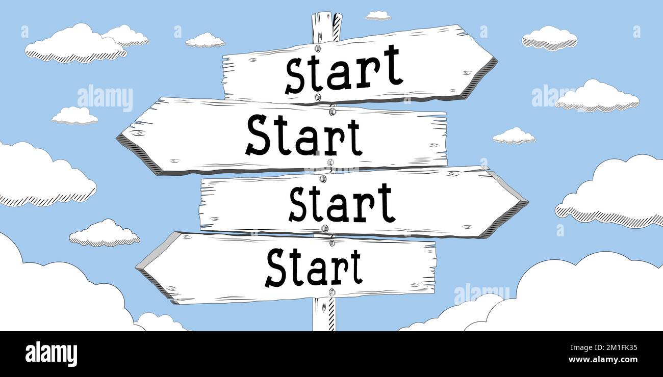 Start - outline signpost with four arrows Stock Photo - Alamy