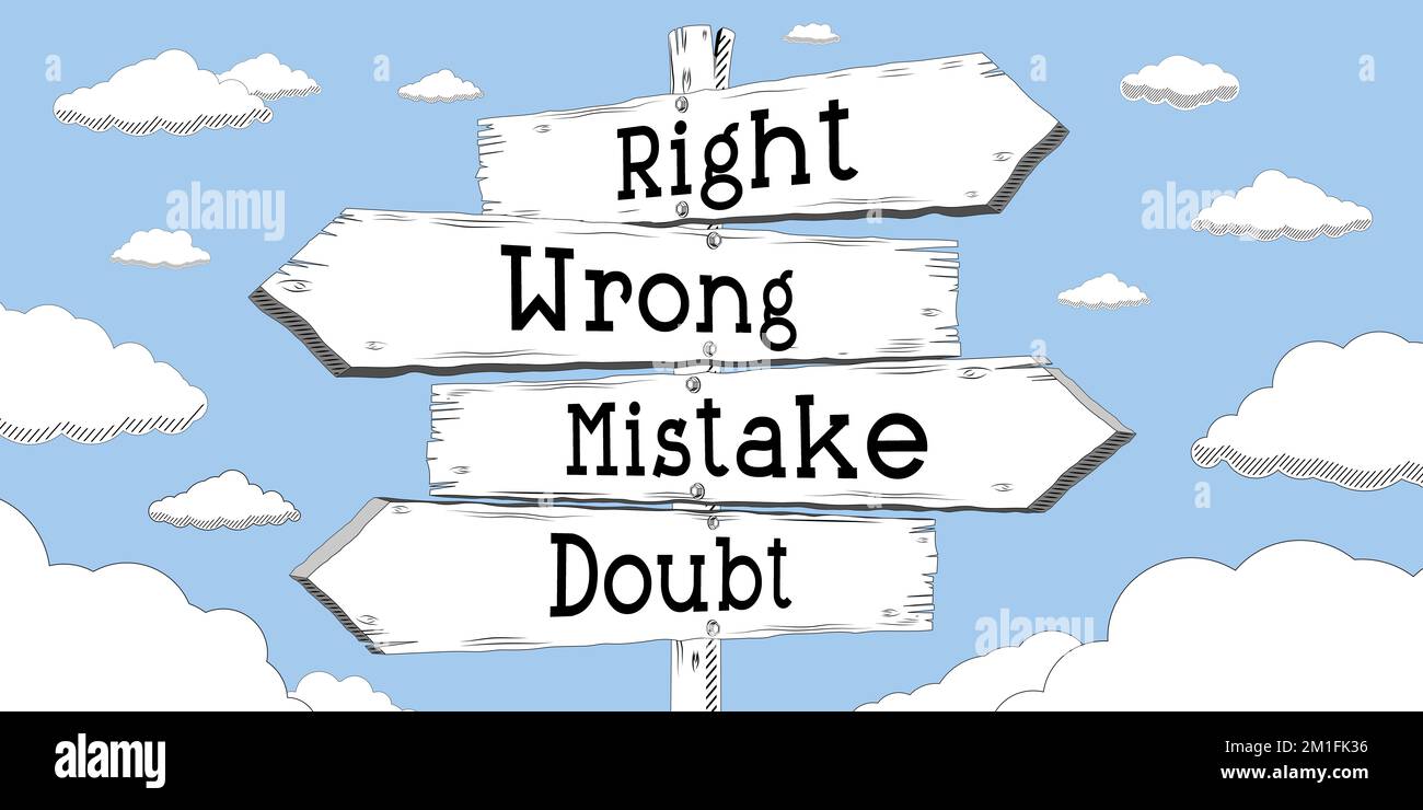 Right, wrong, mistake, doubt - outline signpost with four arrows Stock ...