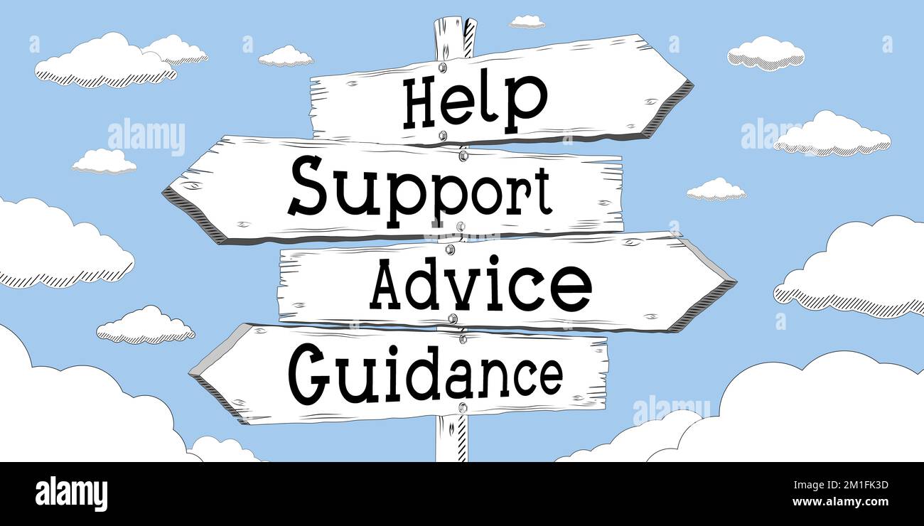 Help, support, advice, guidance - outline signpost with four arrows ...