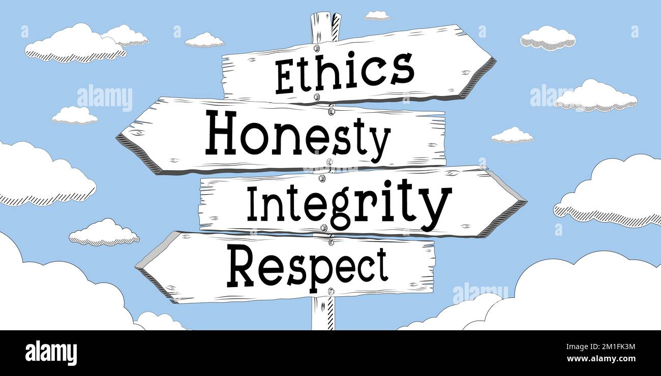 Ethics, honesty, integrity, respect - outline signpost with four arrows ...