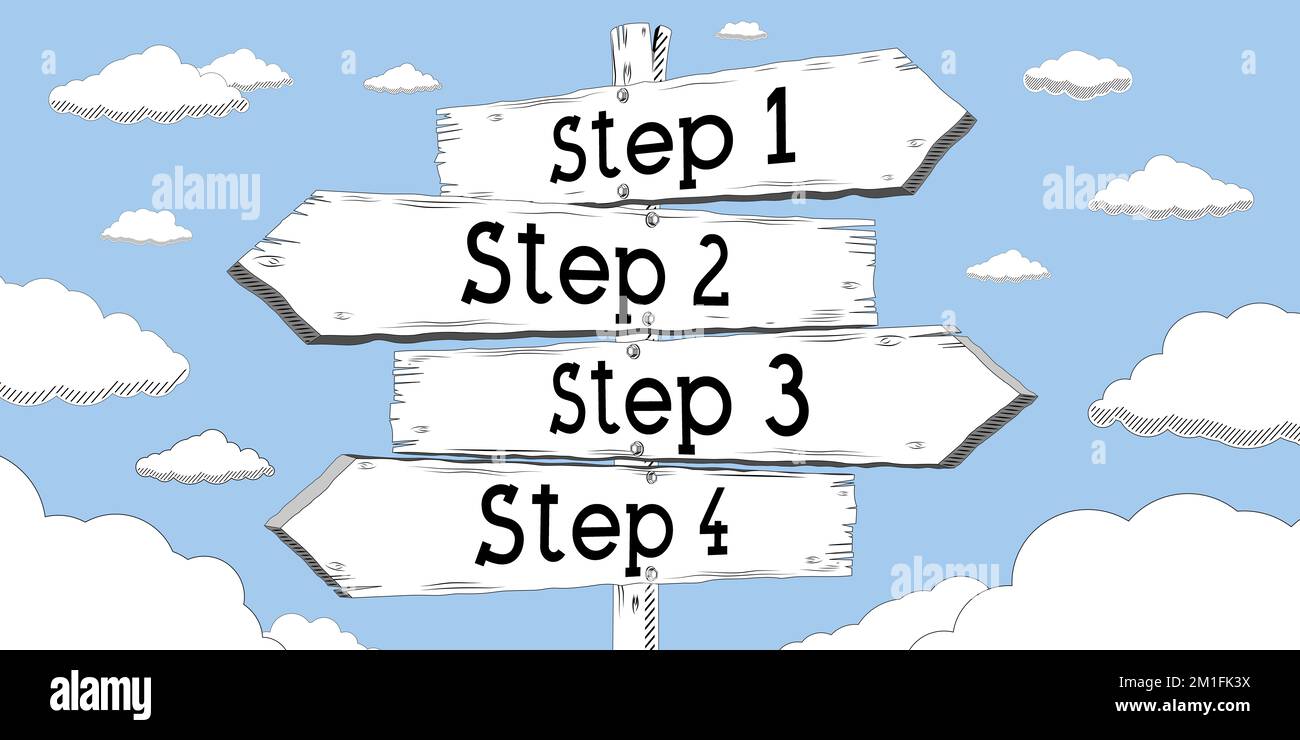Step 1, 2, 3, 4 - outline signpost with four arrows Stock Photo - Alamy