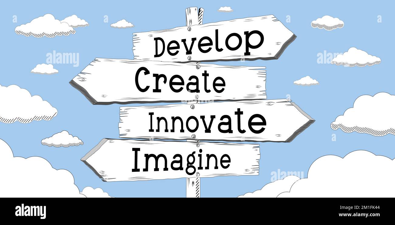 Develop, create, innovate, imagine - outline signpost with four arrows ...