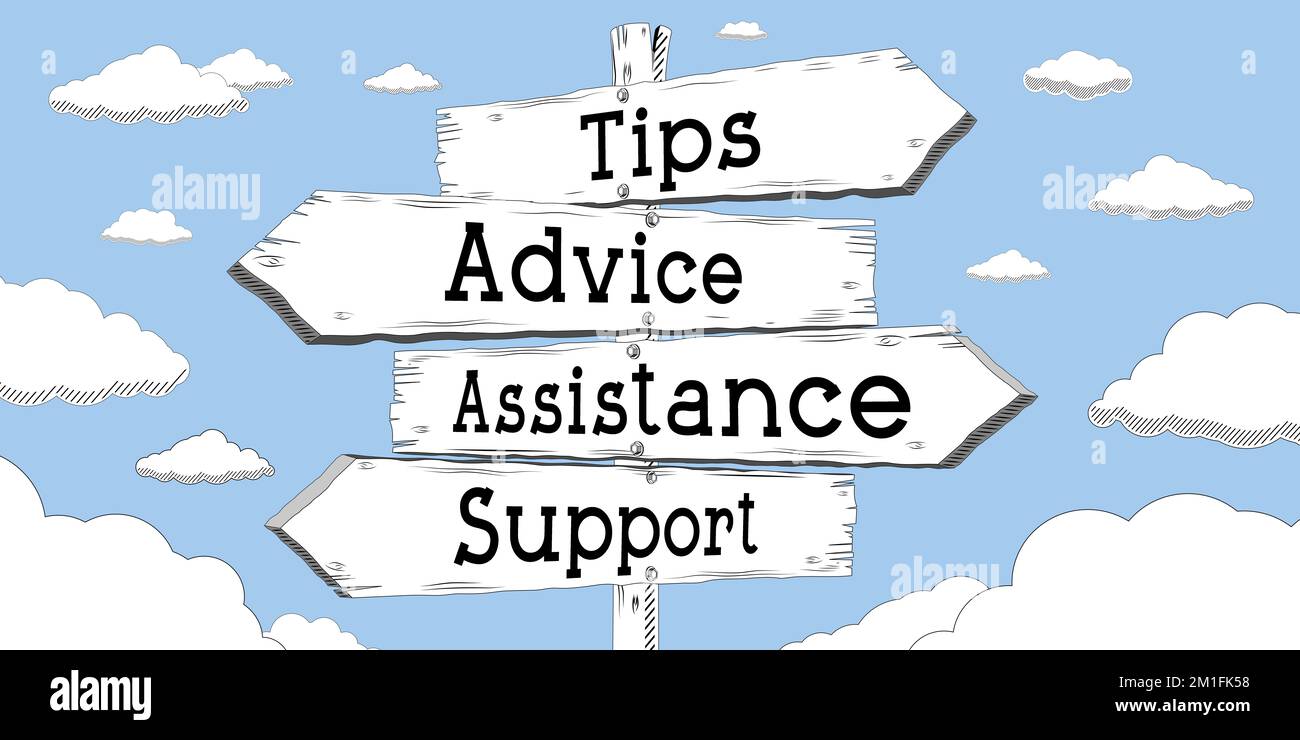 Tips, advice, assistance, support - outline signpost with four arrows ...