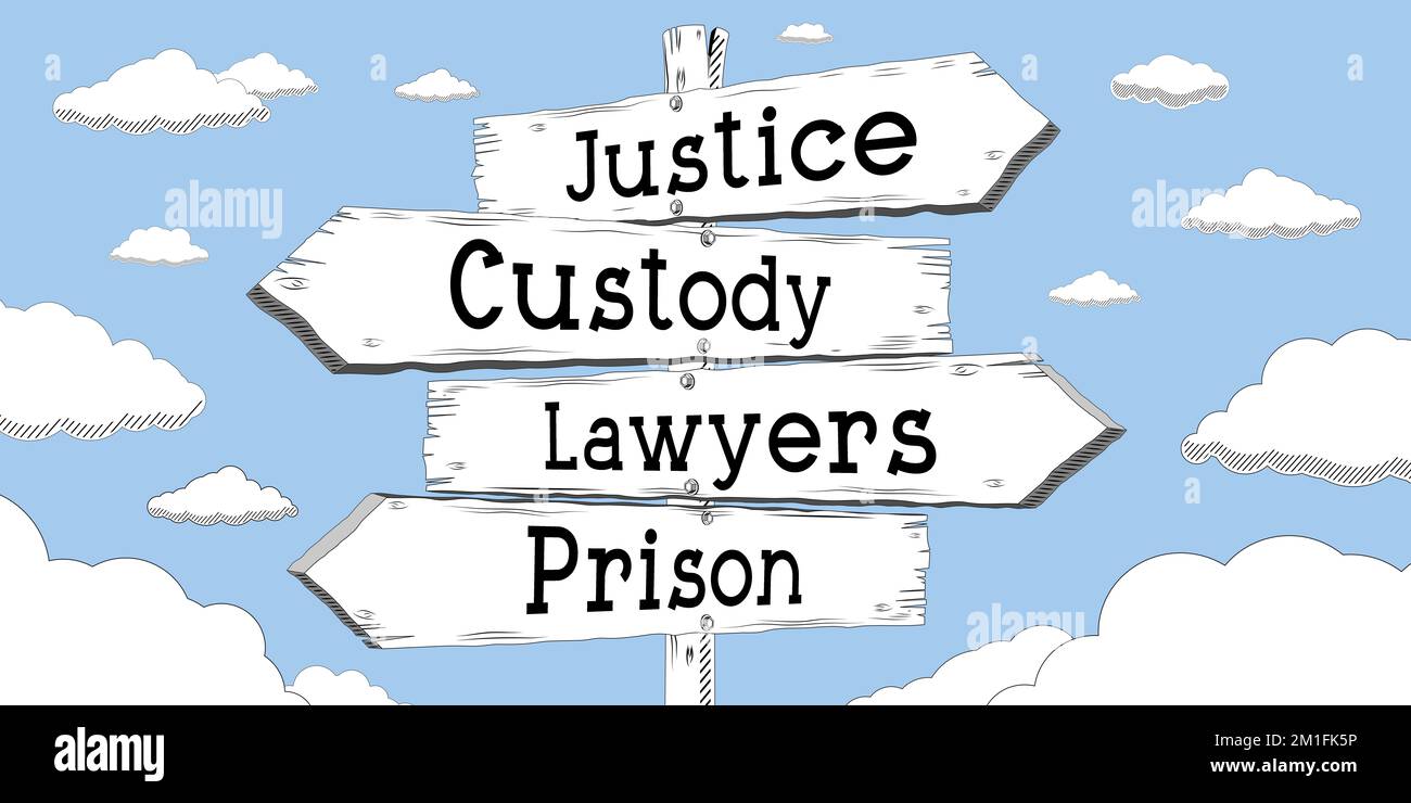 Justice, custody, lawyers, prison - outline signpost with four arrows ...