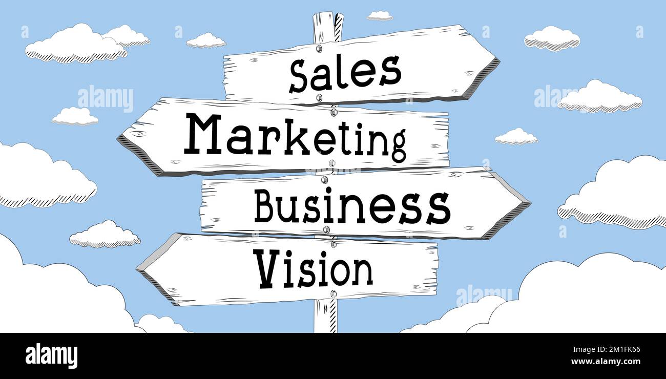 Sales, marketing, business, vision - outline signpost with four arrows ...