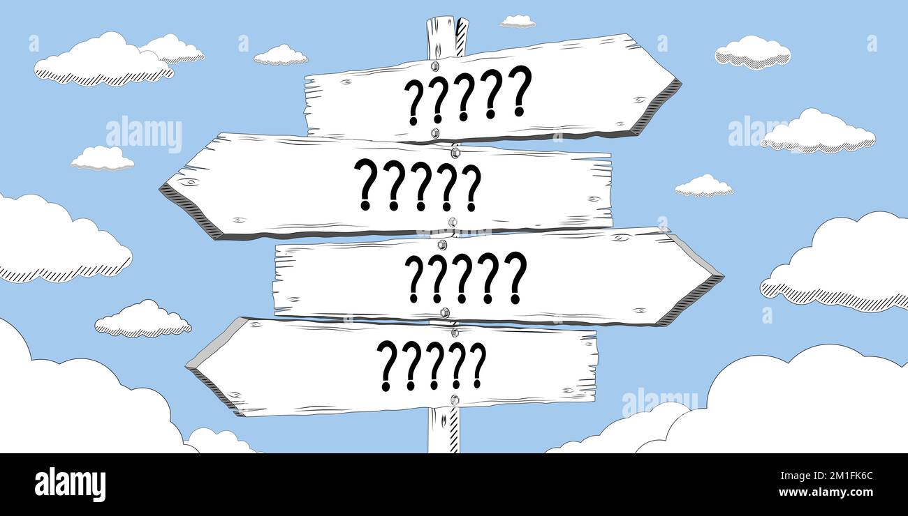 Question marks - outline signpost with four arrows Stock Photo - Alamy