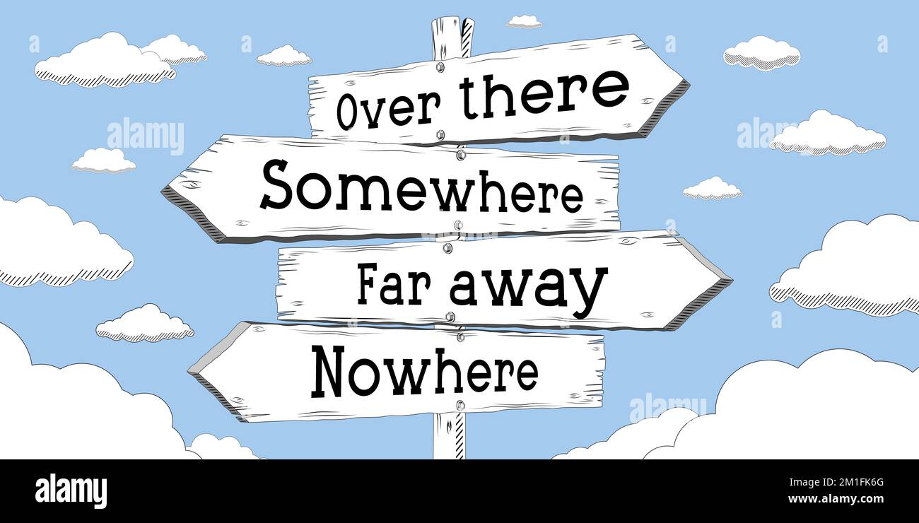 Over there, somewhere, far away, nowhere - outline signpost with four ...