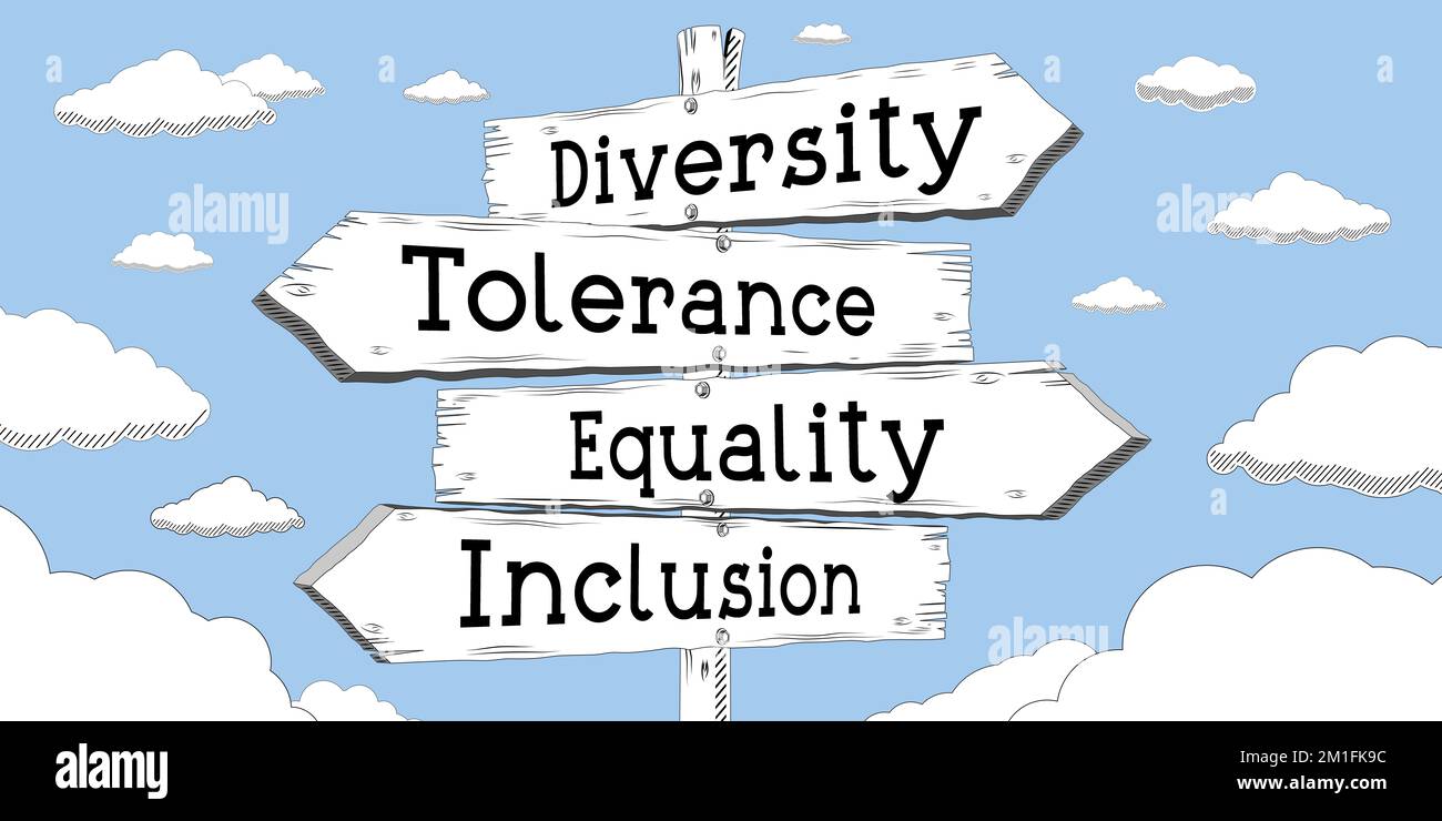 Diversity, tolerance, equality, inclusion - outline signpost with four ...