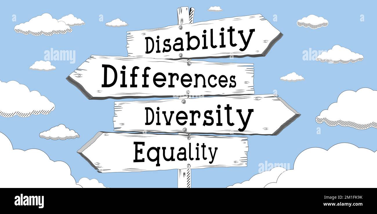 Disability, differences, diversity, equality - outline signpost with ...