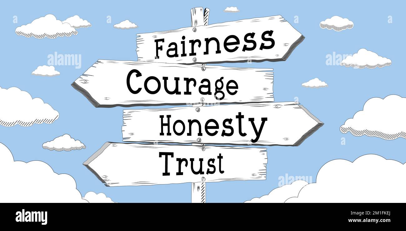 Fairness, courage, honesty, trust - outline signpost with four arrows ...