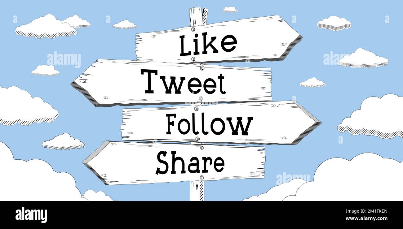 Like, tweet, follow, share - outline signpost with four arrows Stock ...