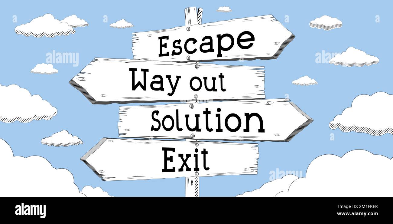 Escape, way out, solution, exit - outline signpost with four arrows ...