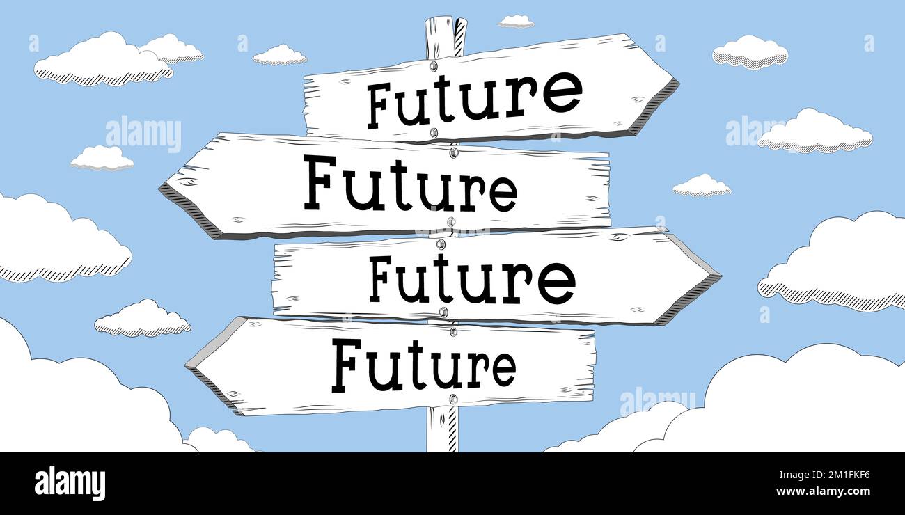 Future - outline signpost with four arrows Stock Photo - Alamy