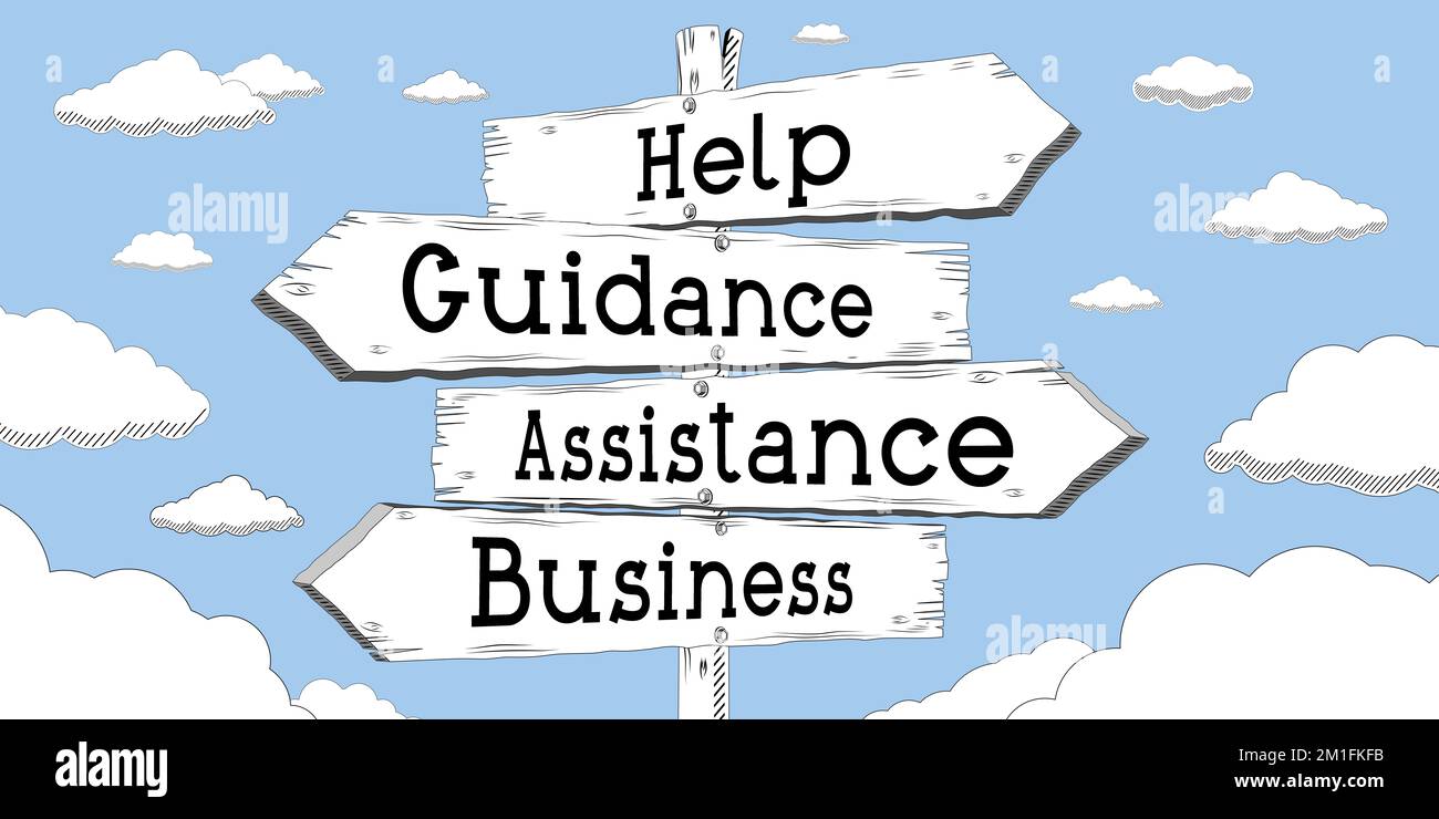 Help, guidance, assistance, business - outline signpost with four ...