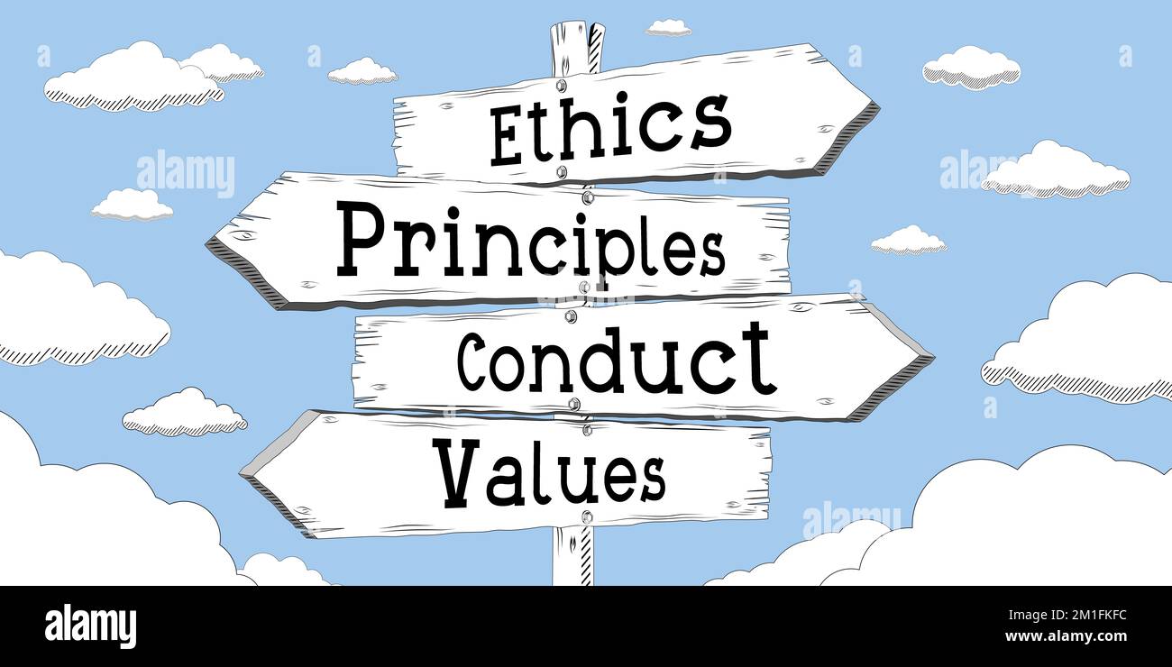 Ethics, principles, conduct, values - outline signpost with four arrows ...