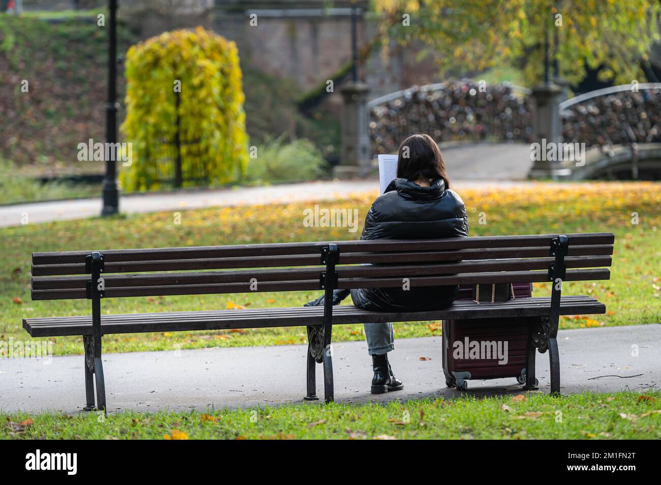 Woman reading a book and sitting on bench in autumn park. Autumn mood ...
