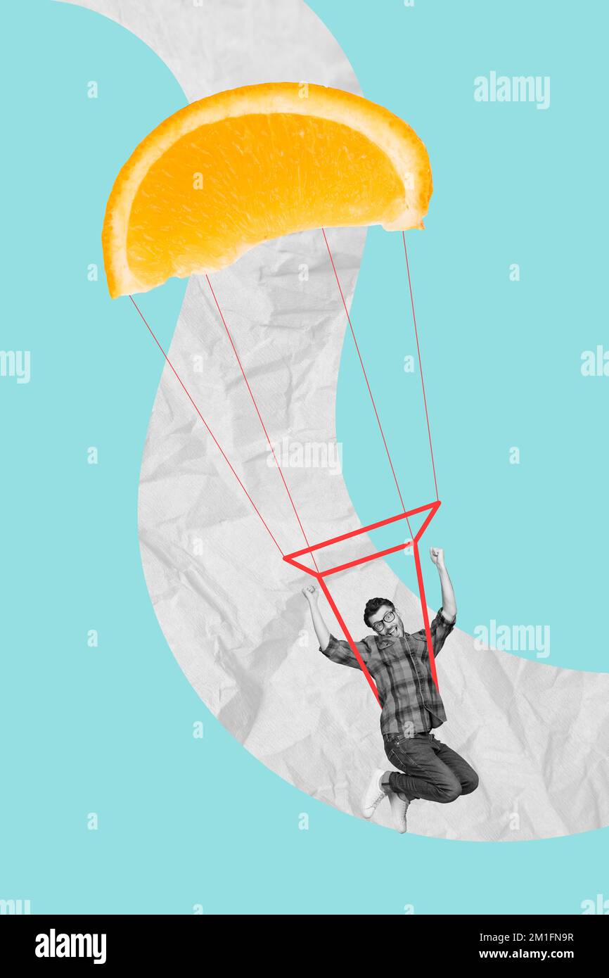 Artwork magazine collage picture of happy smiling funny guy flying ...