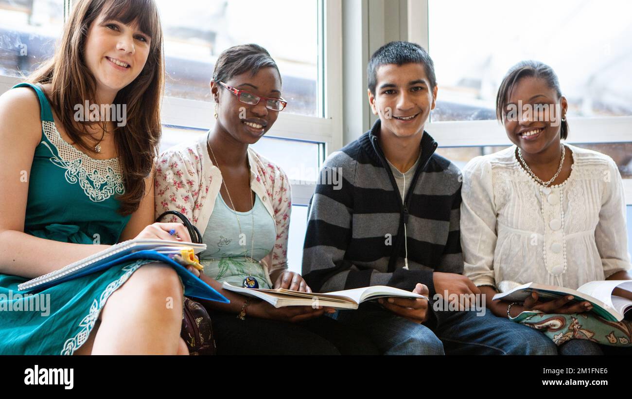 School Friends: Waiting for Class. A diverse group of college students ...