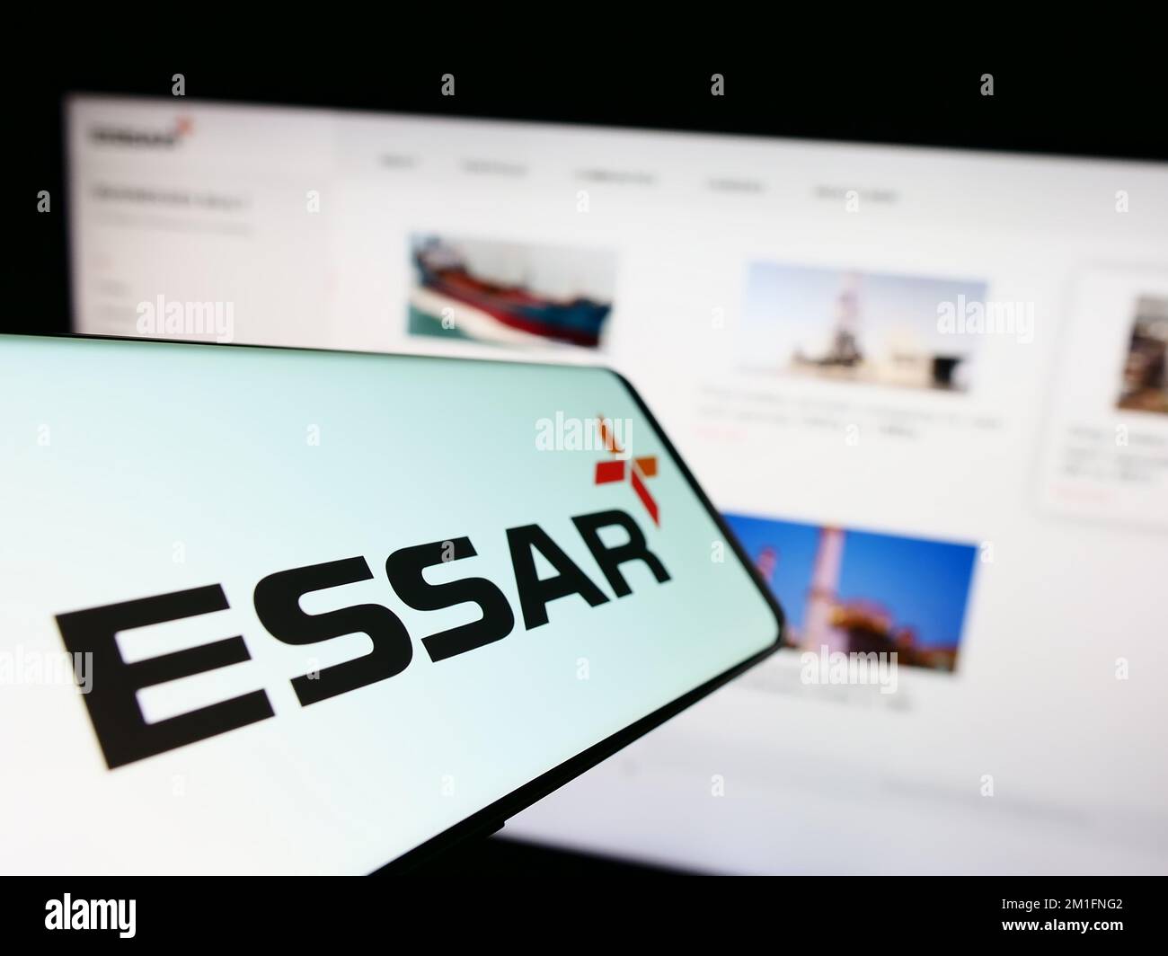 Cellphone with logo of Indian conglomerate Essar Group on screen in ...