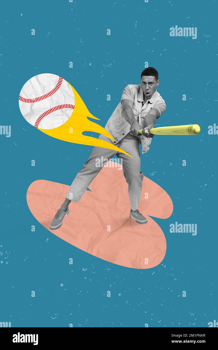 Vertical collage picture of black white effect guy hold baseball bat ...