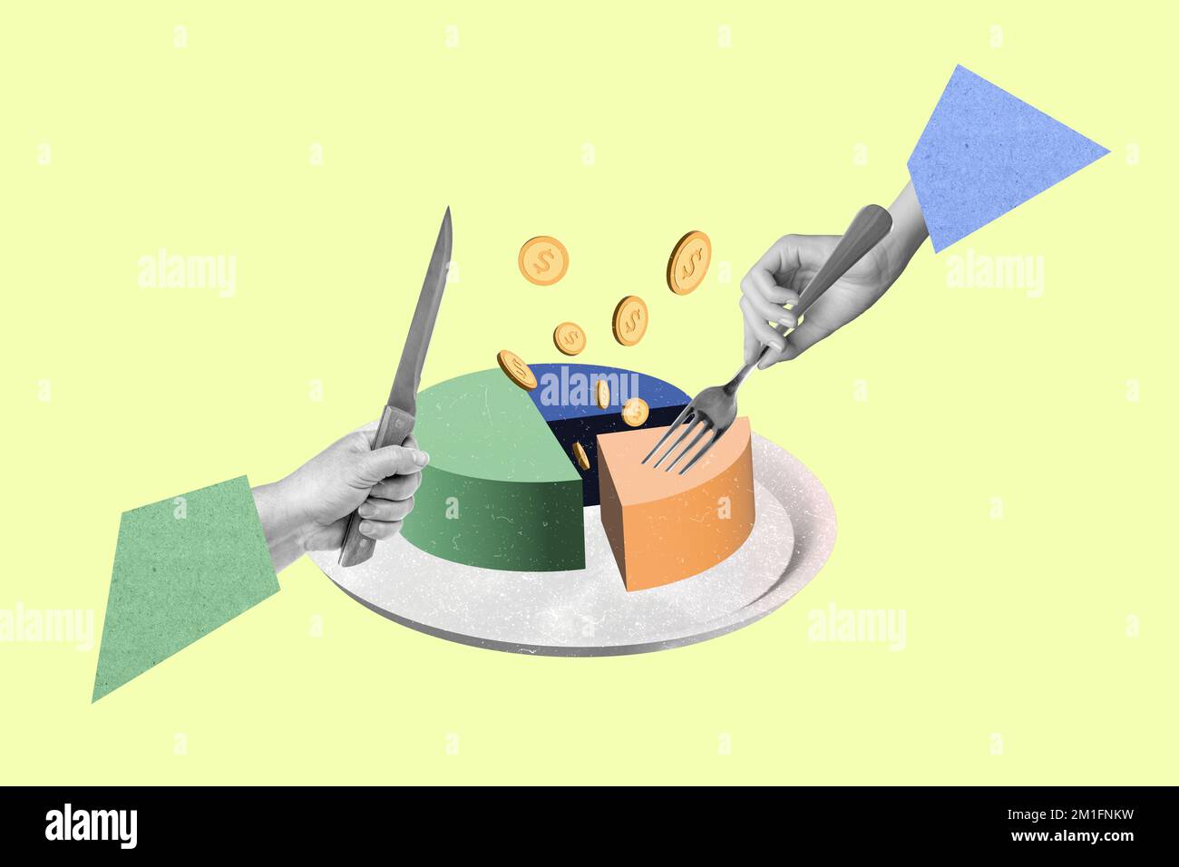 Creative collage image of two black white gamma hands hold knife fork ...