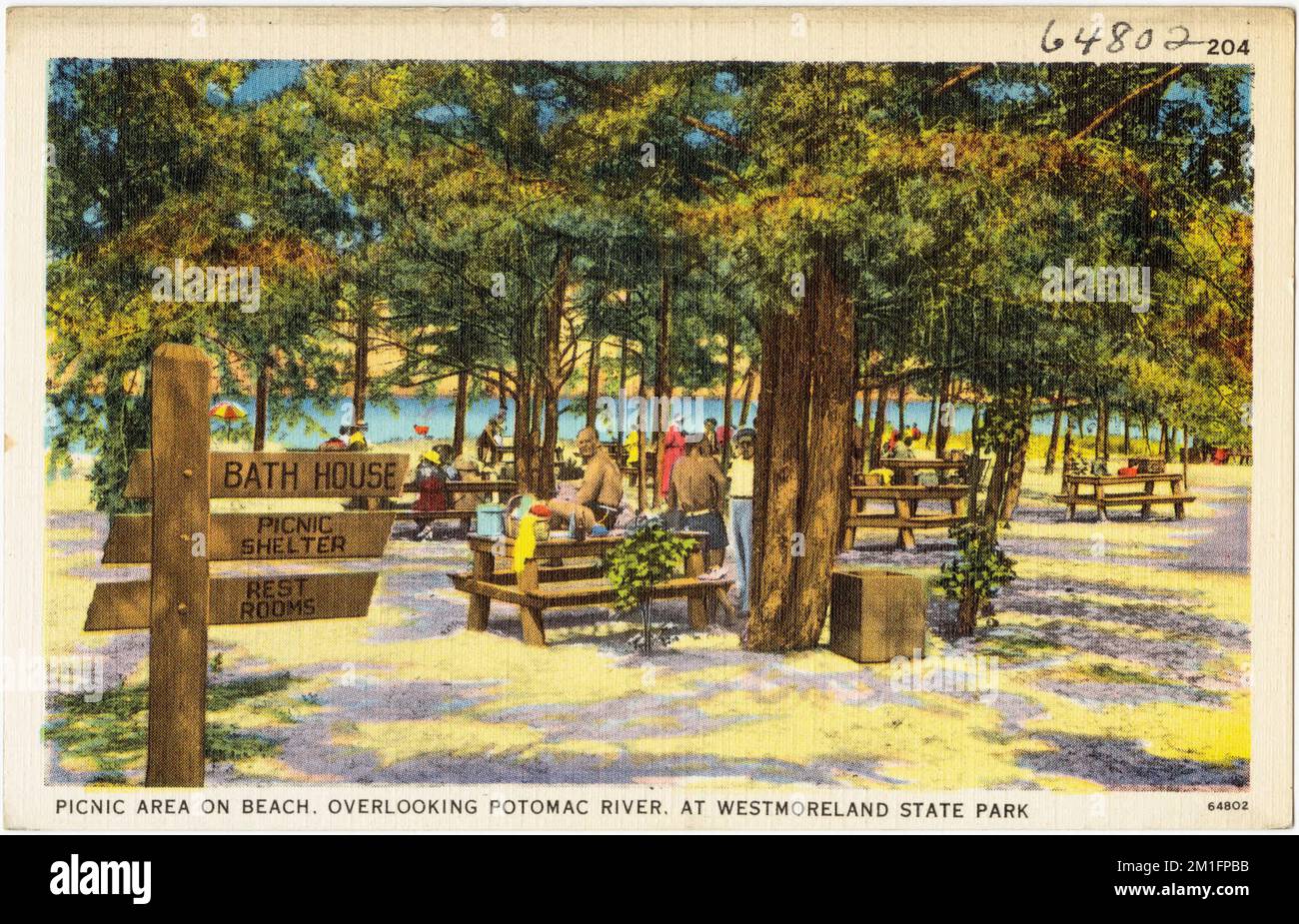 Picnic area on beach, overlooking Potomac River, at Westmoreland State ...