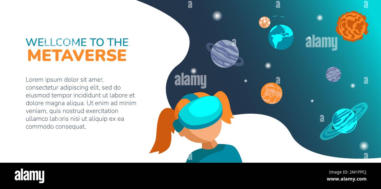 Girl in virtual reality headset immerse into meta universe with cosmos ...