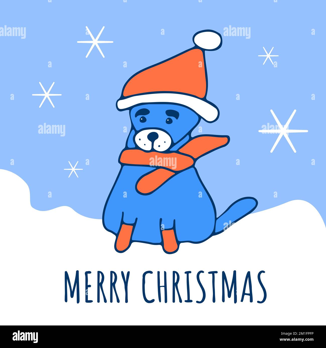 Funny cute doodle puppy Santa Claus merry christmas card. Dog in ...