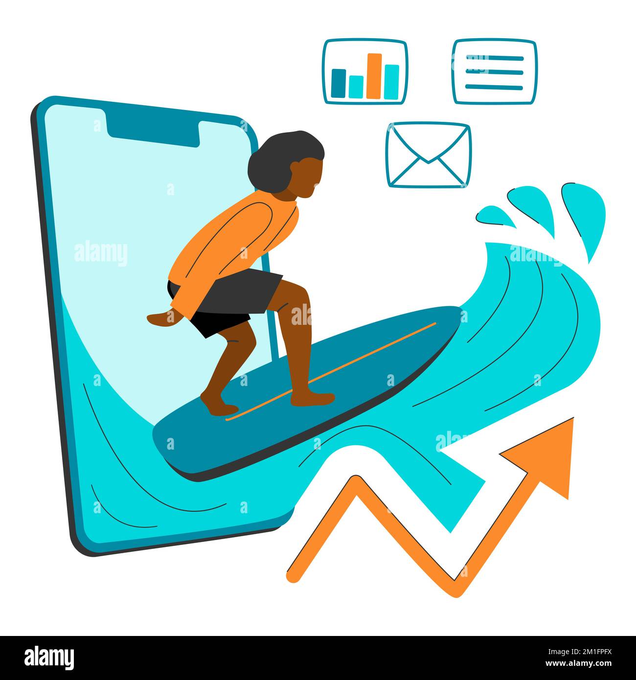 Young black man surfing on wave graphs from smratphone. Trend marks ...